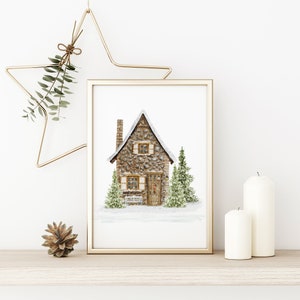 Watercolor Village Christmas Poster, Snowy Winter House Christmas Tree ...