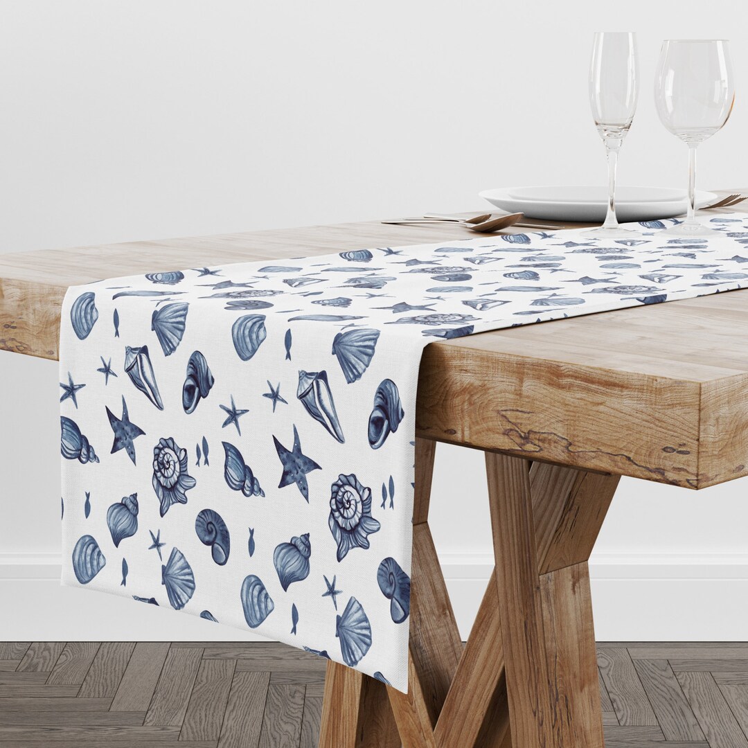 Blue Seashell and Starfish Table Runner, Coastal Table Runner, Spring ...