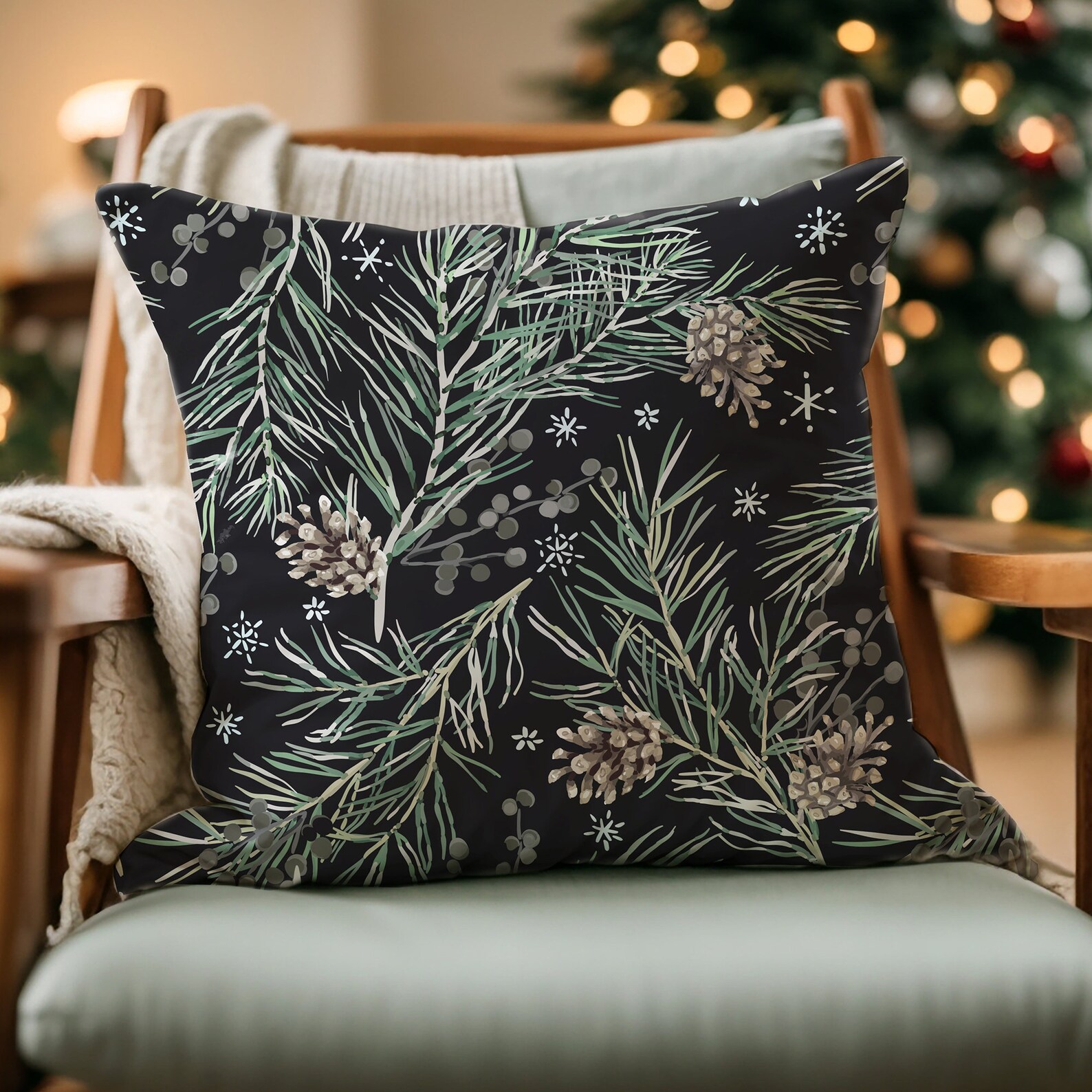 Green Winter Pine Botanical Pillow Cover, Christmas Pillow Cover, Green ...