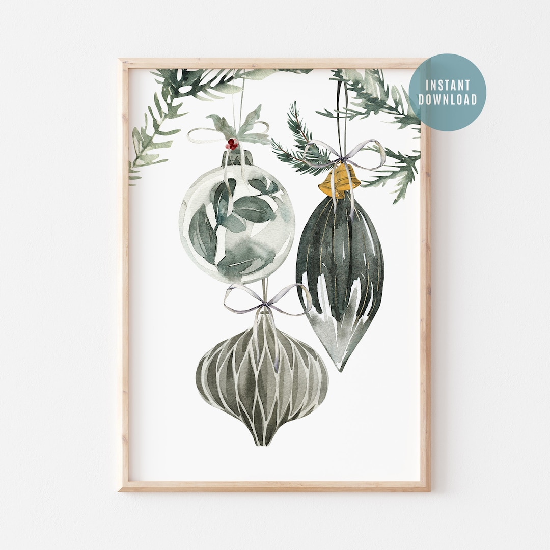 Watercolor Christmas Tree Ornaments Art, Christmas Baubles Print ...