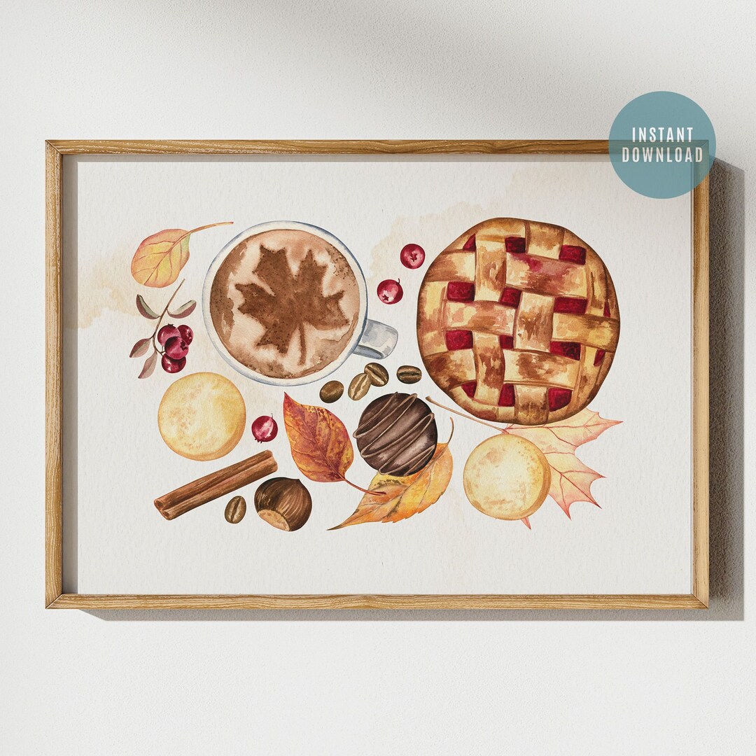 Watercolor Cake and Coffee Print, Fall Wall Art, Autumn Wall Art ...