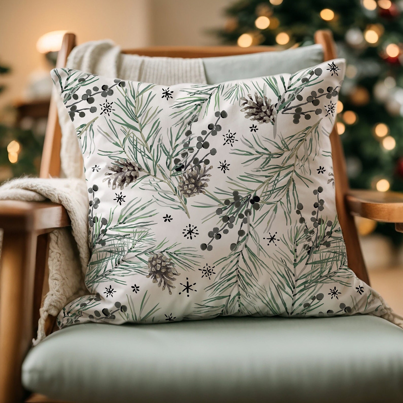 Green Winter Pine Botanical Pillow Cover, Christmas Pillow Cover, Green ...