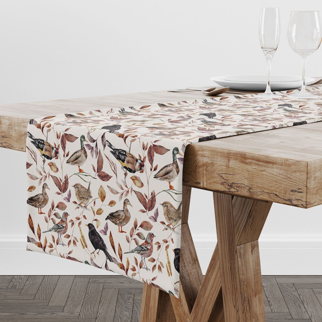Fall Table Runner, Autumn Birds Table Runner, Watercolor Autumn Forest ...