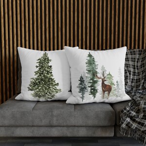 Winter Tree Pillow Cover, Christmas Deer Pillow Cover, Watercolor Pine ...