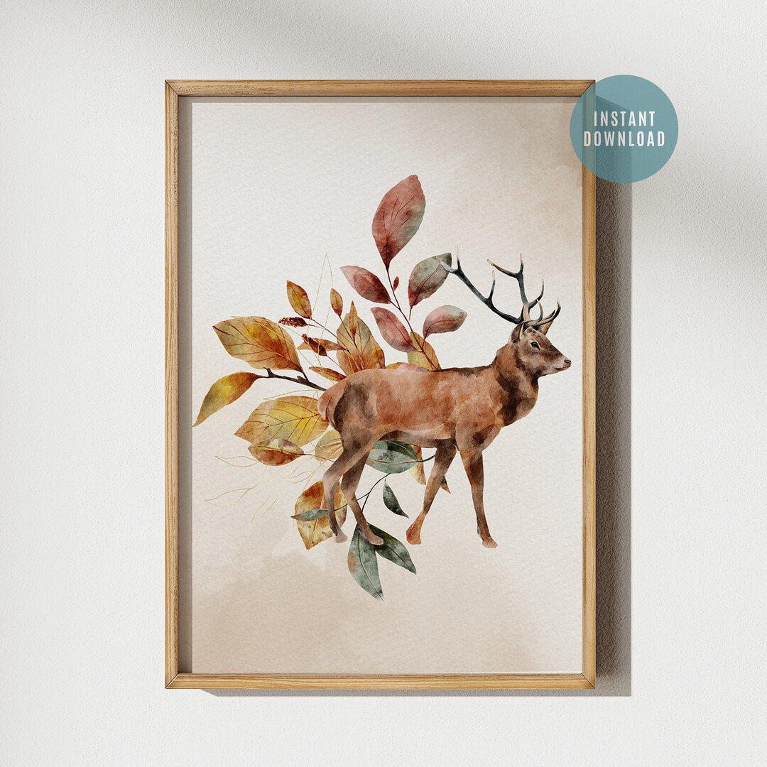 Watercolor Fall Deer Print, Fall Animal Prints, Deer and Fall Leaves ...