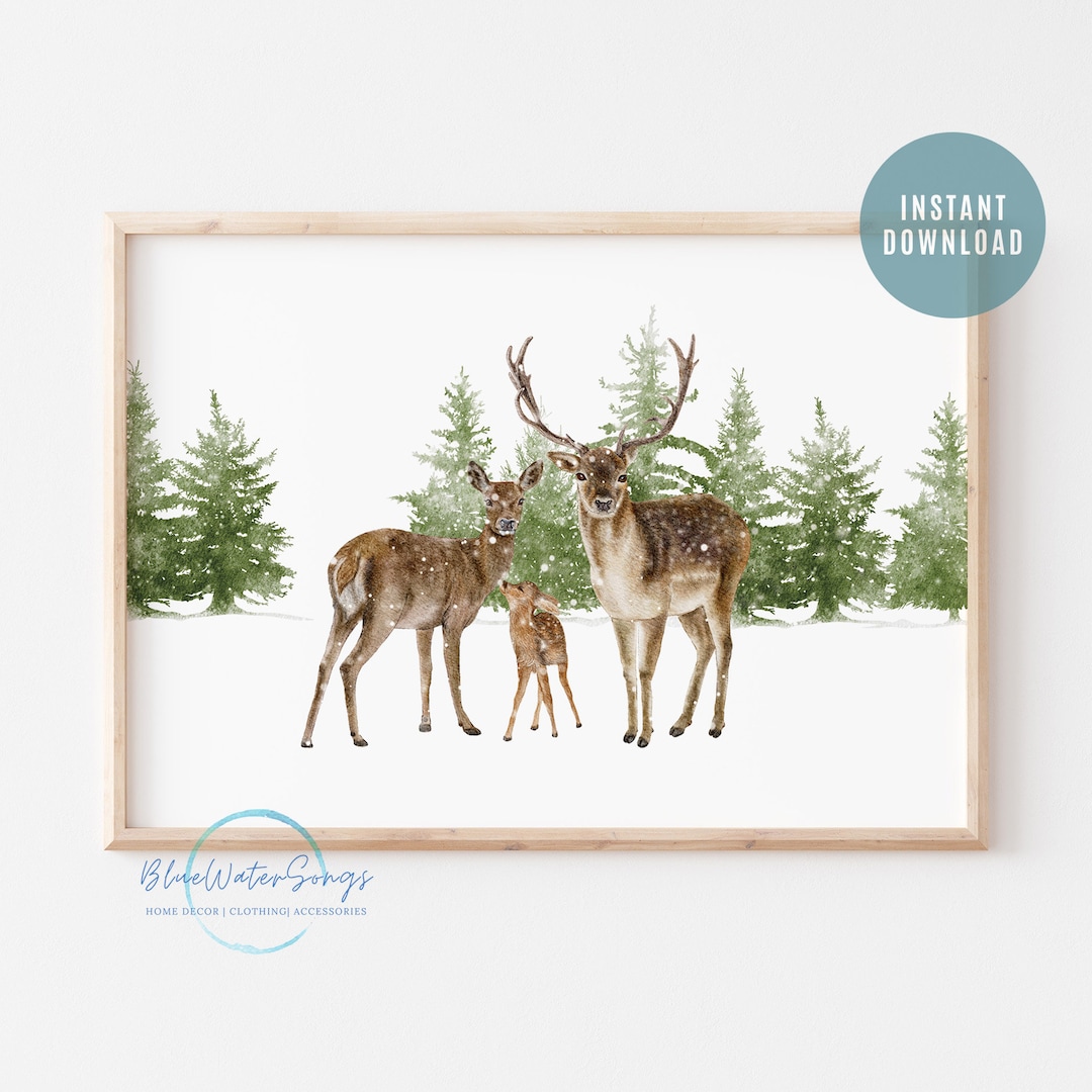 Winter Deer Print, Holiday Wall Art, Christmas Printable, Winter Forest ...