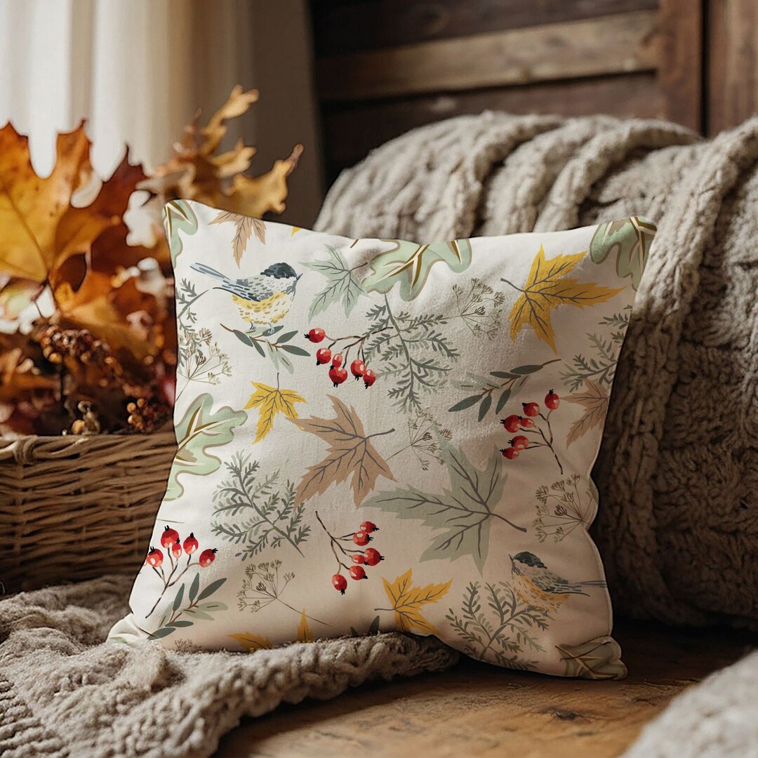 Birds and Botanical Pillow Cover, Fall Pillow Cover, Autumn Leaves ...
