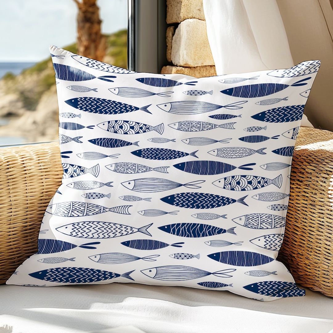 Blue Fish Pillow Cover: Nautical Coastal Summer Decor - Etsy