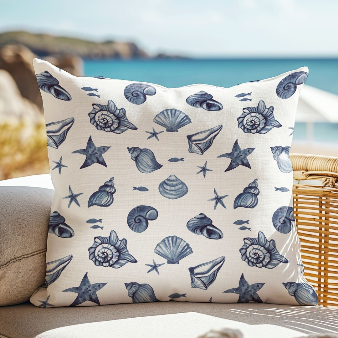 Watercolor Blue Seashell Pillow, Coastal Pillow Cover, Blue Nautical ...