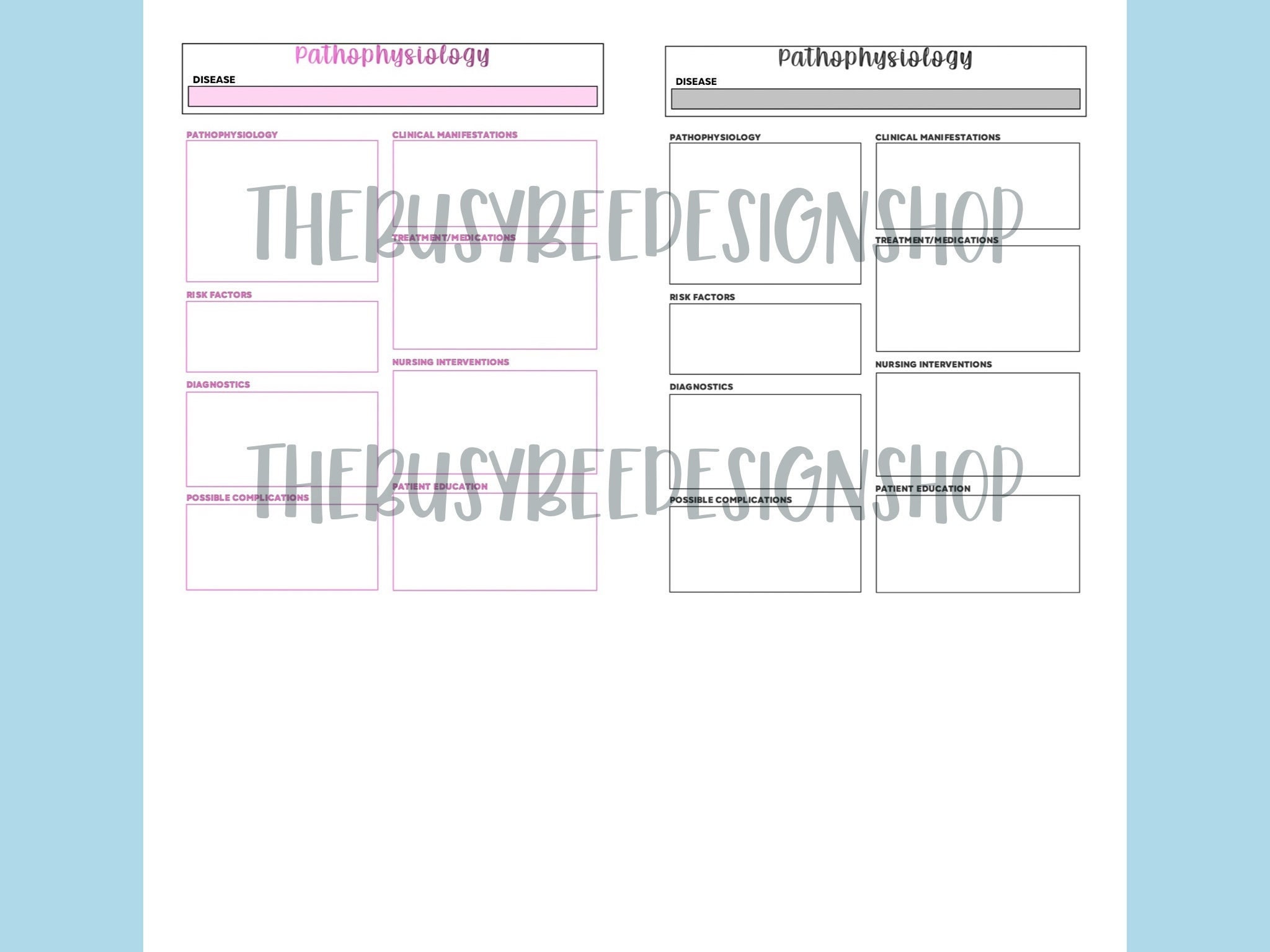 Printable Nursing Pathophysiology Template, Disease Process Notes ...