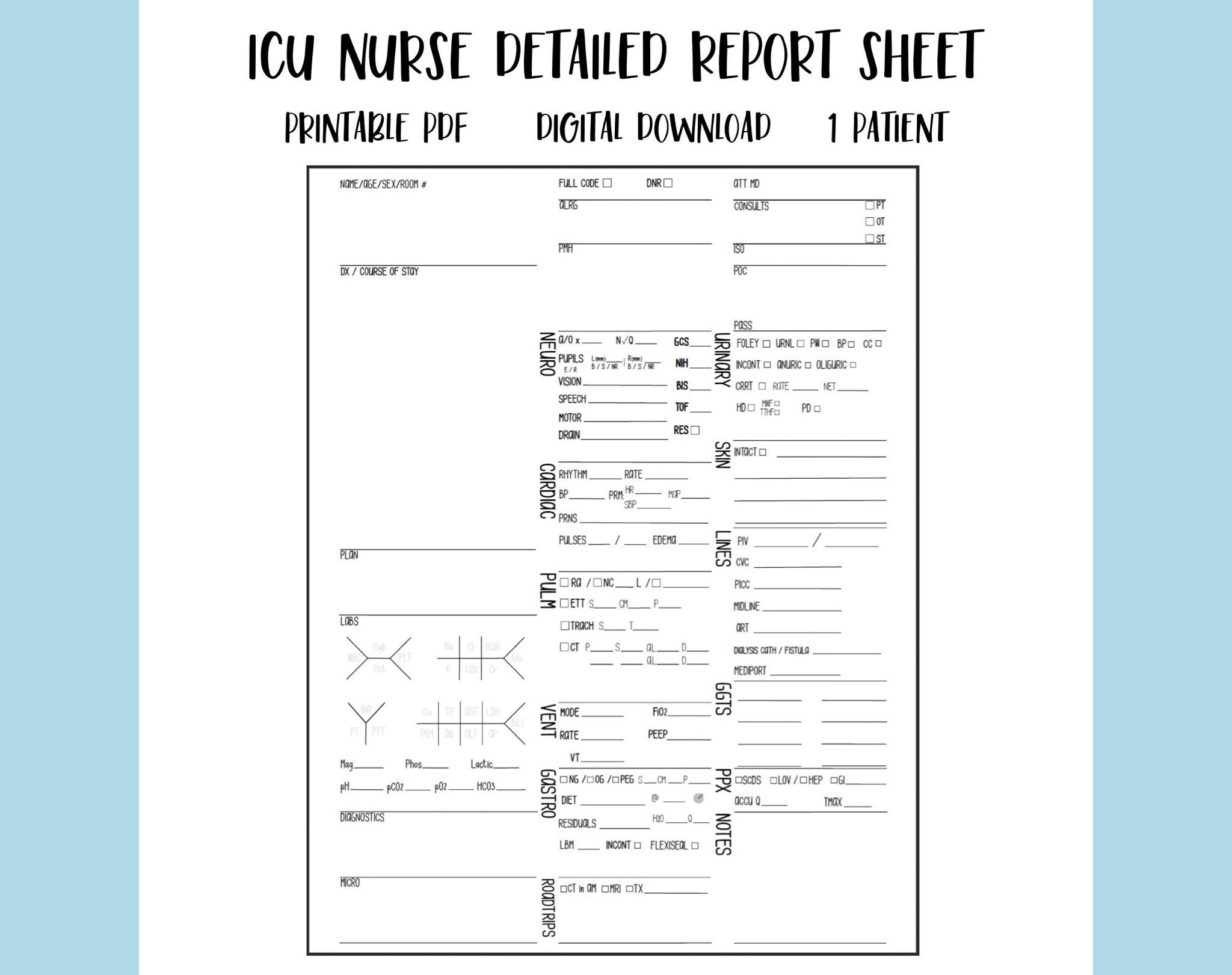 Printable ICU Nurse Detailed Report Sheet, Critical Care Nursing ...