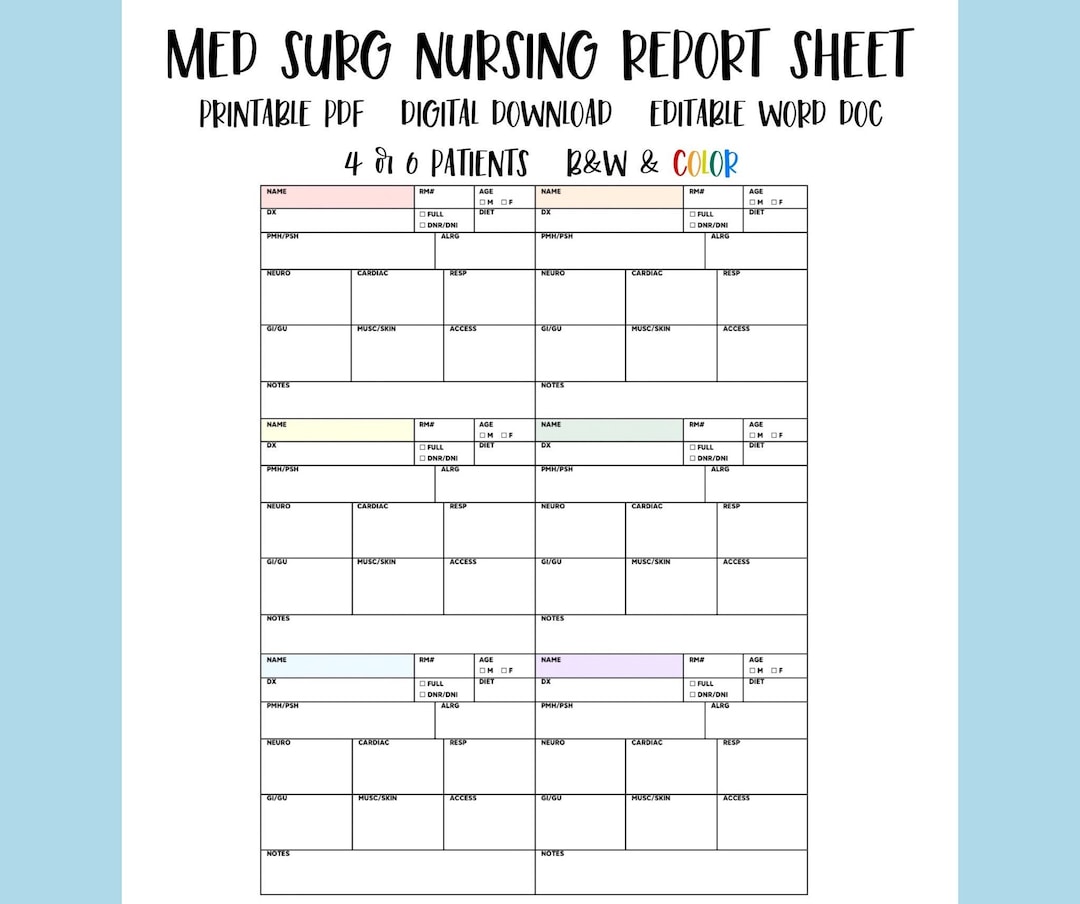 Printable Med Surg Nurse Report Sheet 4 or 6 Patient Editable - Etsy