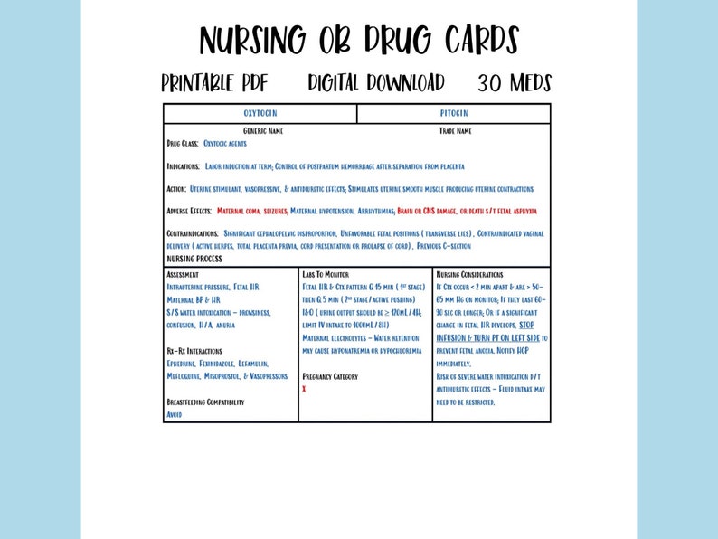 30 OB Nursing Pharmacology Drug Cards, Printable Blank Drug Card ...
