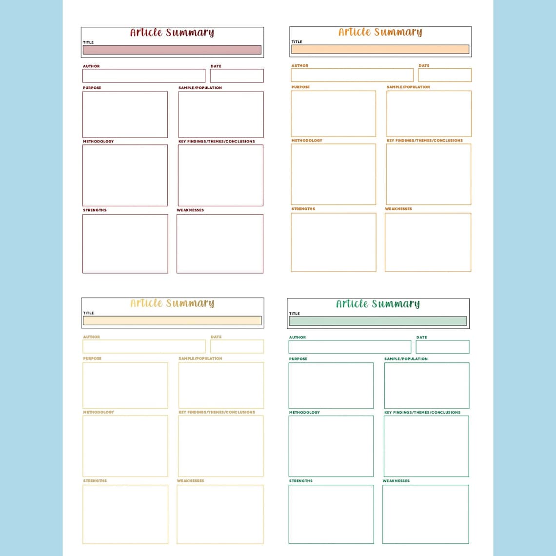 Printable Article Summary Template: College Research (PDF Digital ...