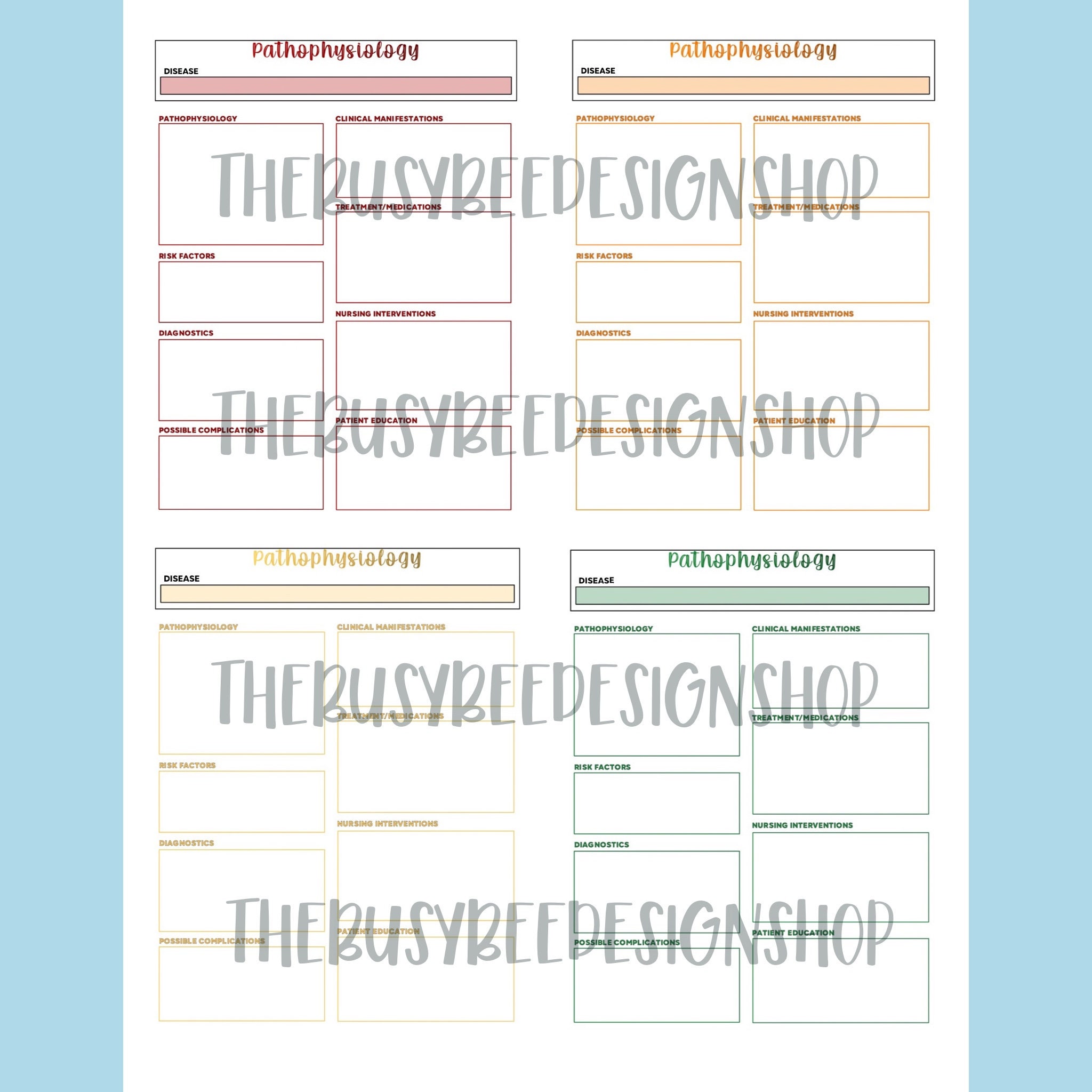 Printable Nursing Pathophysiology Template, Disease Process Notes ...