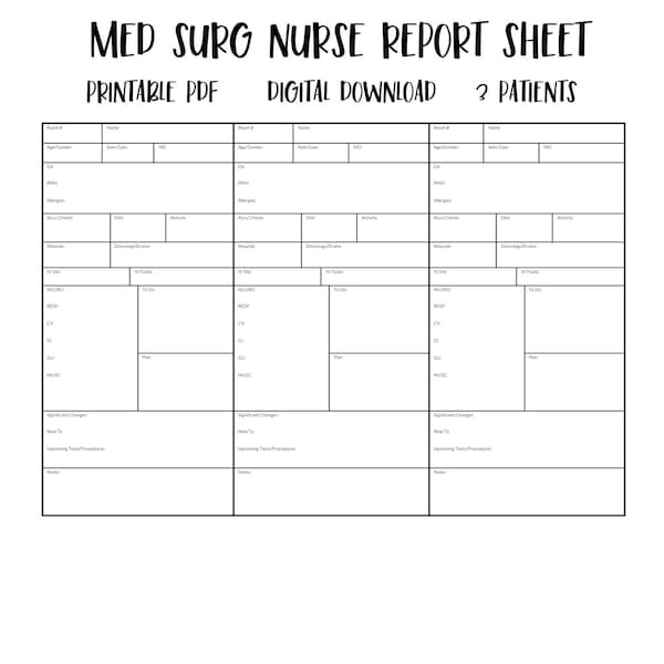 Nursing Brain Sheet for Med Surg Nurse Report Sheet Template - Etsy