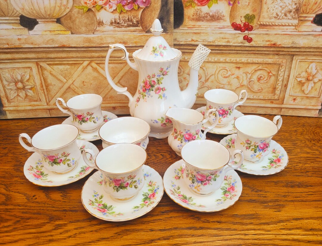 Royal Albert Moss Rose 15pc Coffee Set Service, Bone China Coffee Pot ...