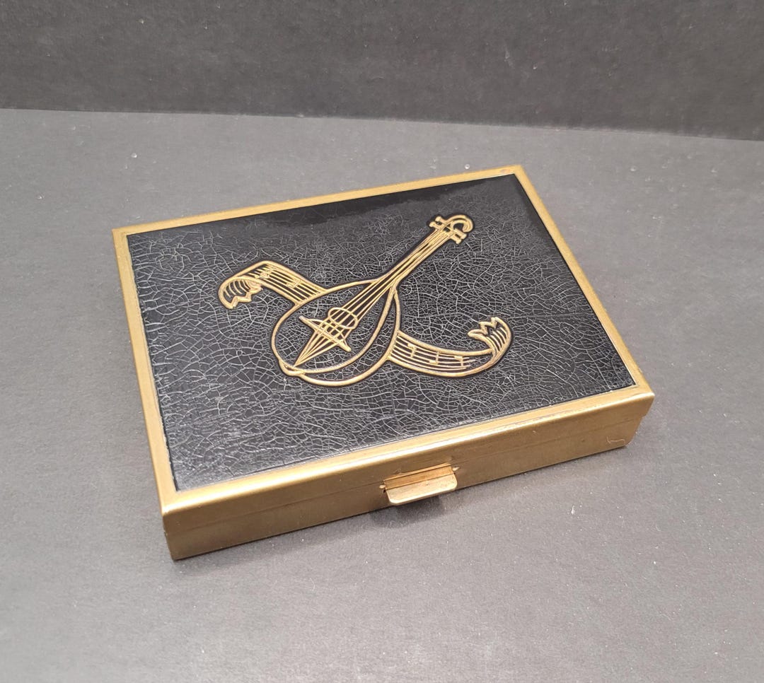Vintage AGME Swiss Musical Powder Compact, Gold Mandolin on Black ...