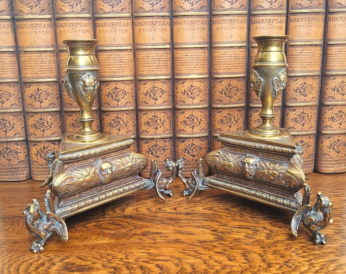 Pair Victorian Gothic Revival Brass Candlesticks, Green Man Masks ...