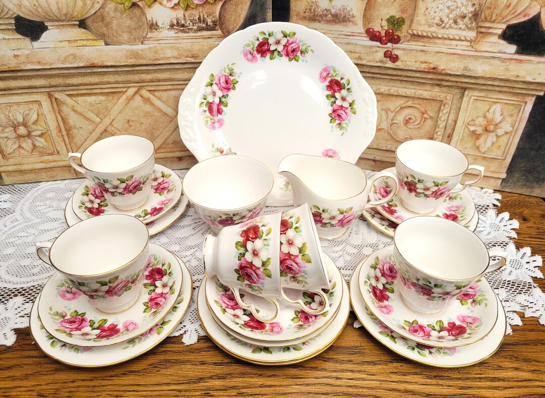 Vintage Queen Anne Tea Set: Pink Roses Bone China, England, 21 Piece - Etsy