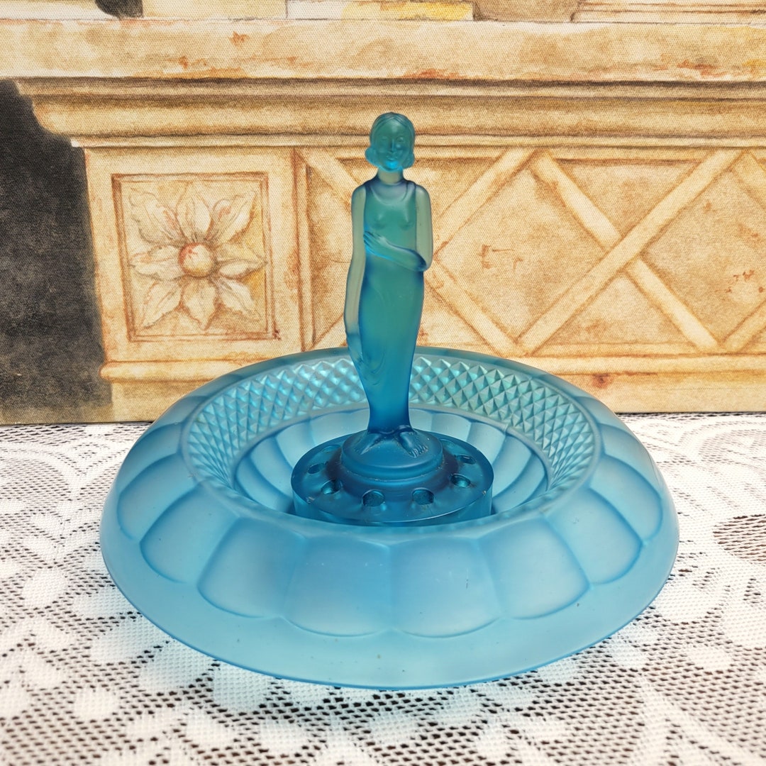 Art Deco Blue Frosted Glass Float Bowl and Lady Figure Frog, Schweig ...