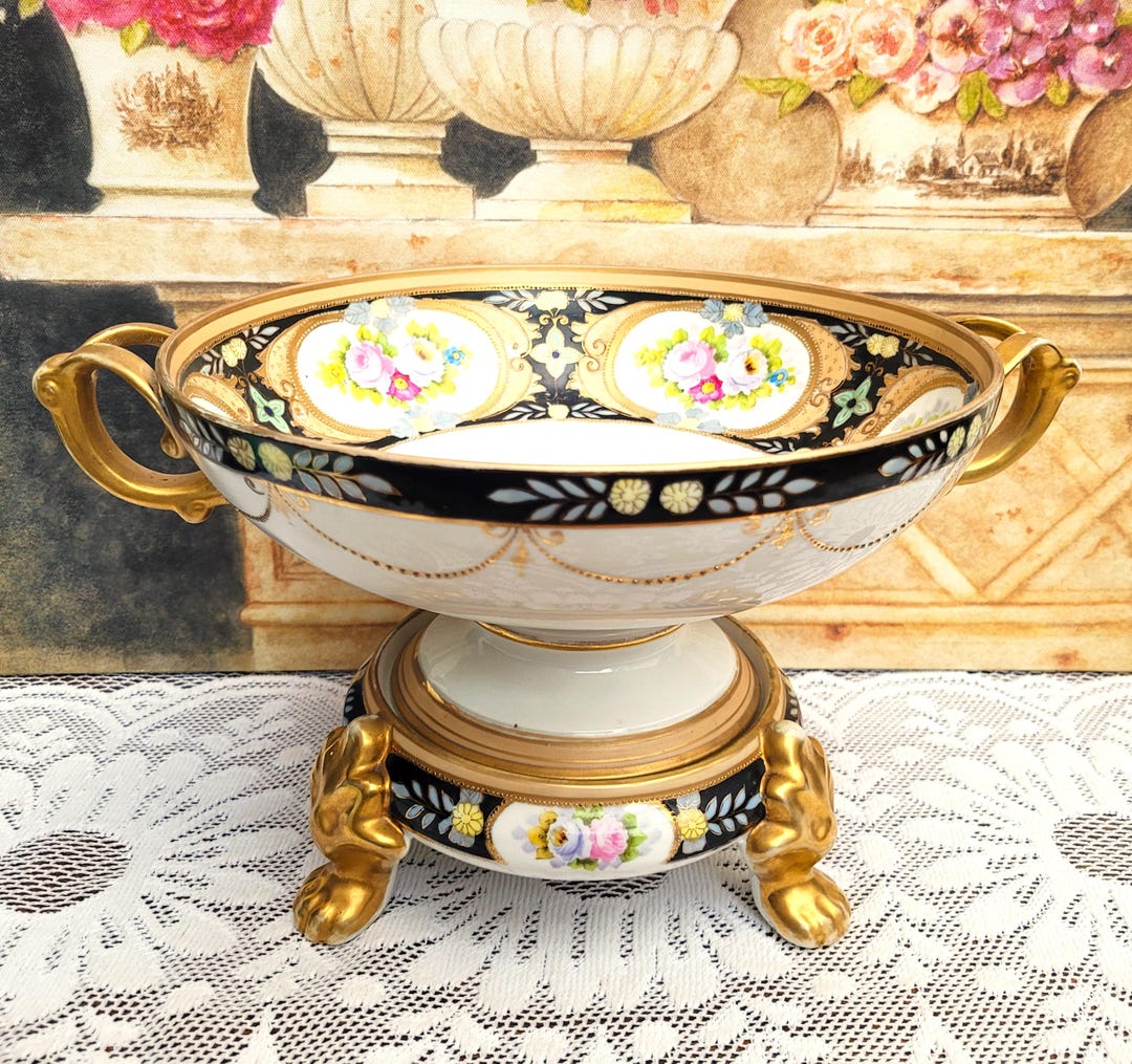 Antique NORITAKE Punch Bowl & Stand, Hand Painted Flowers, Centerpiece ...