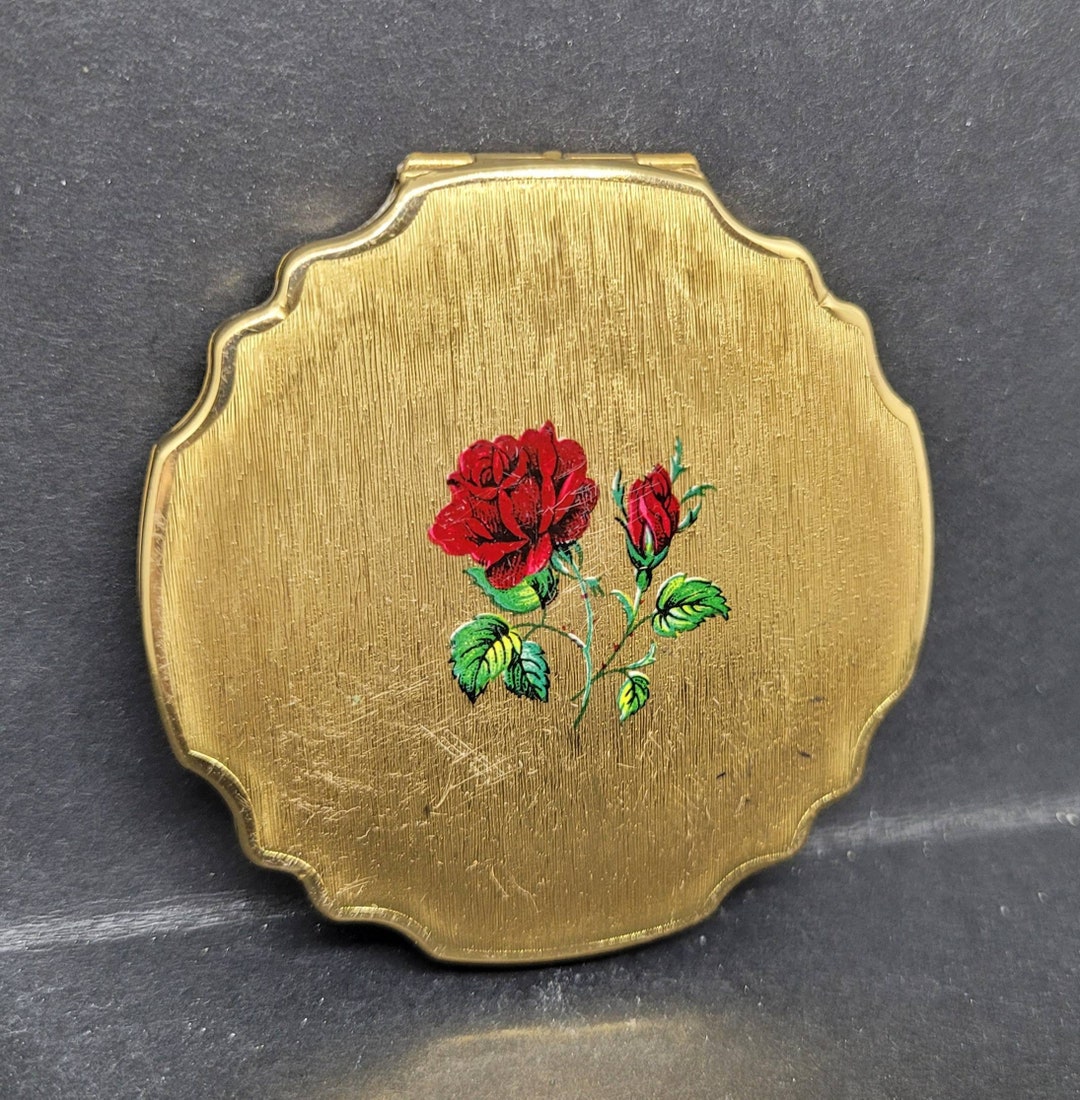 Vintage Stratton Red Rose Powder Compact, Petite Shape Brushed Gold ...