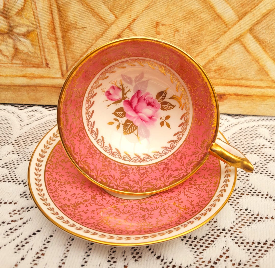 Aynsley Cabbage Rose Cup and Saucer Duo, 2539 Pink Rose Gold Lace - Etsy