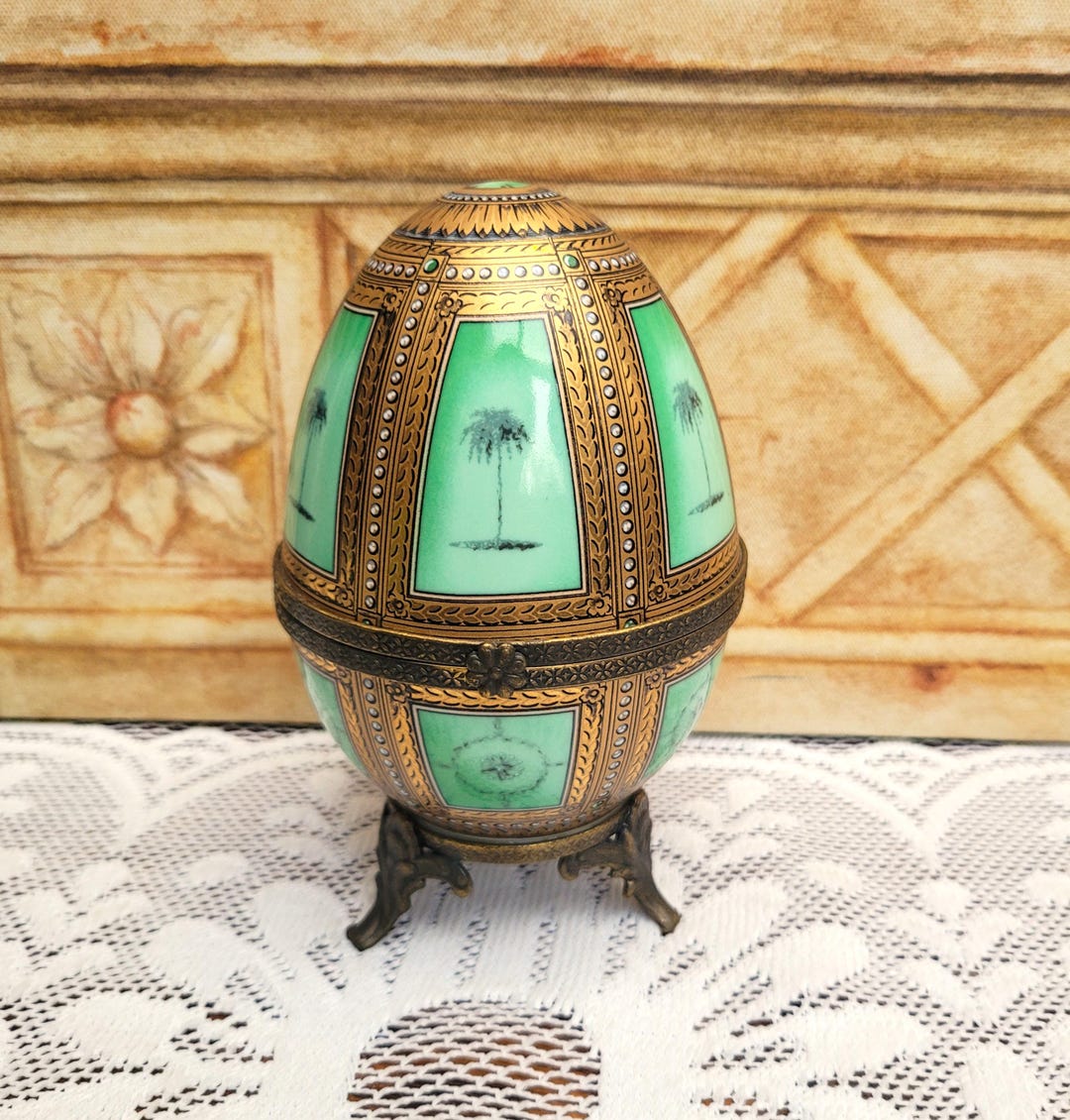 Large Faberge Style Porcelain Egg Box, Green and Gold Faux Jewel, Gilt ...
