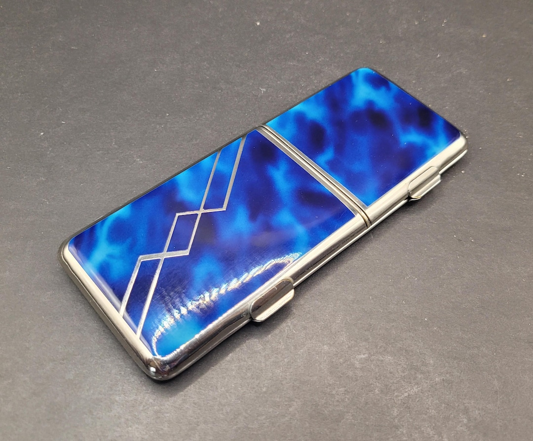 Art Deco Powder Compact Cigarette Case, Blue Marbled Enamel & Silver ...