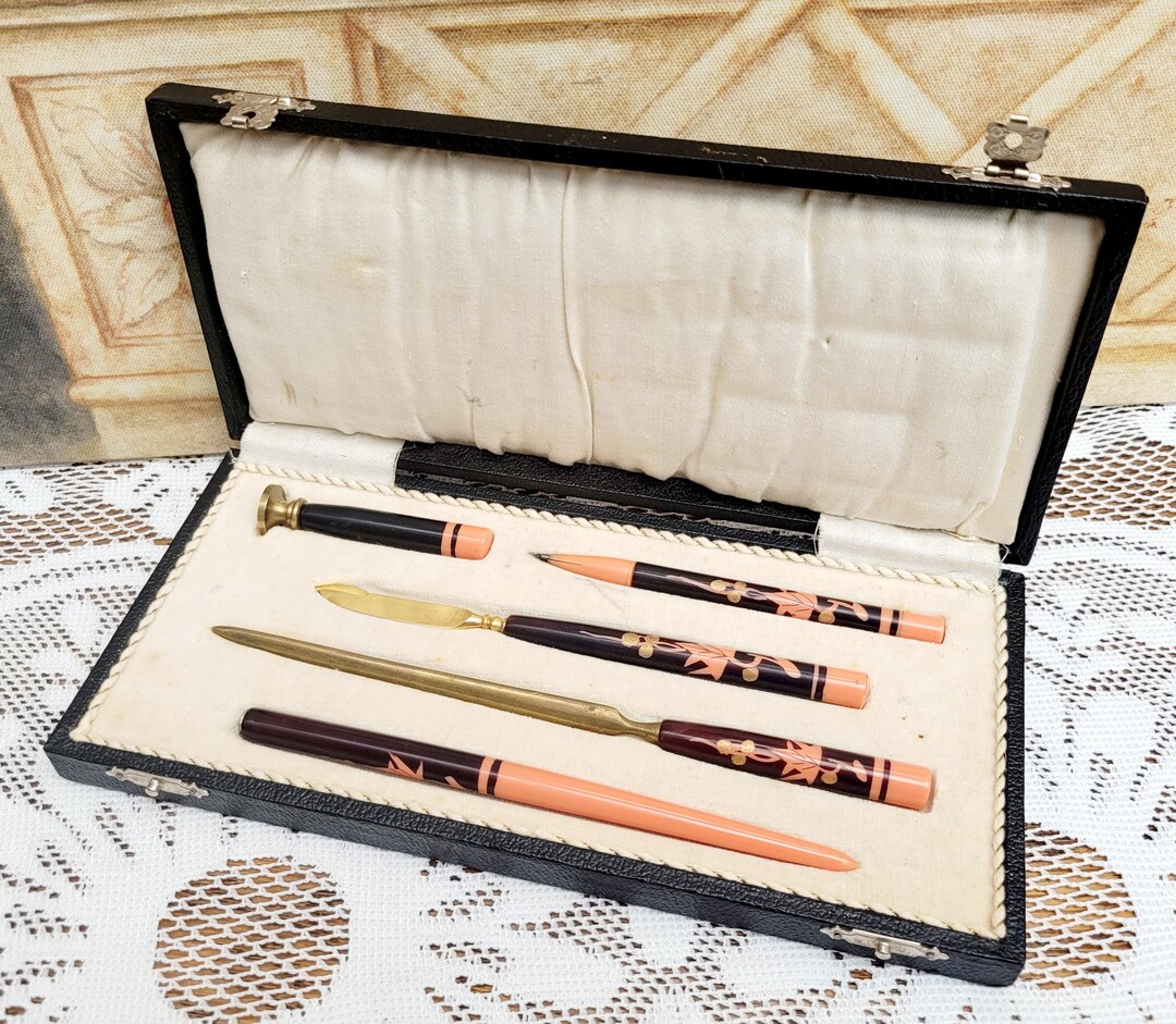 Art Deco 1920s Writing Desk Set Salmon Black Bakelite, 5 Piece Letter ...