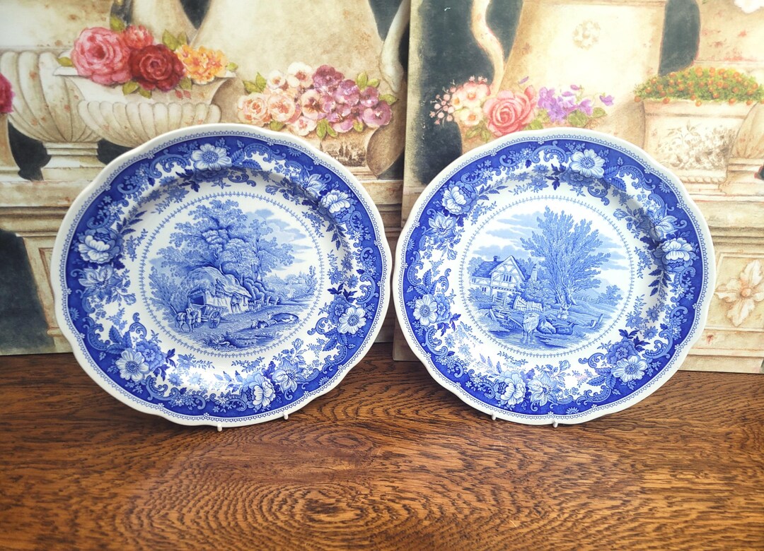 Pair of Spode Blue and White Dresser Plates Williamsburg Country Scenes ...