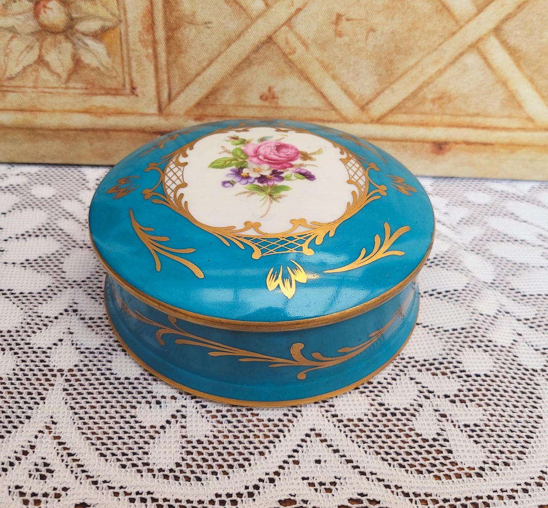 Limoges Porcelain Large Powder Trinket Box, Turquoise & Gilt Rose ...