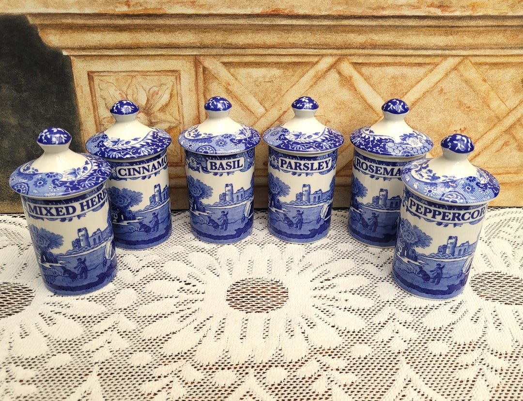 Spode Blue Italian Set of 6 Spice Jars, Blue and White Kitchenware ...