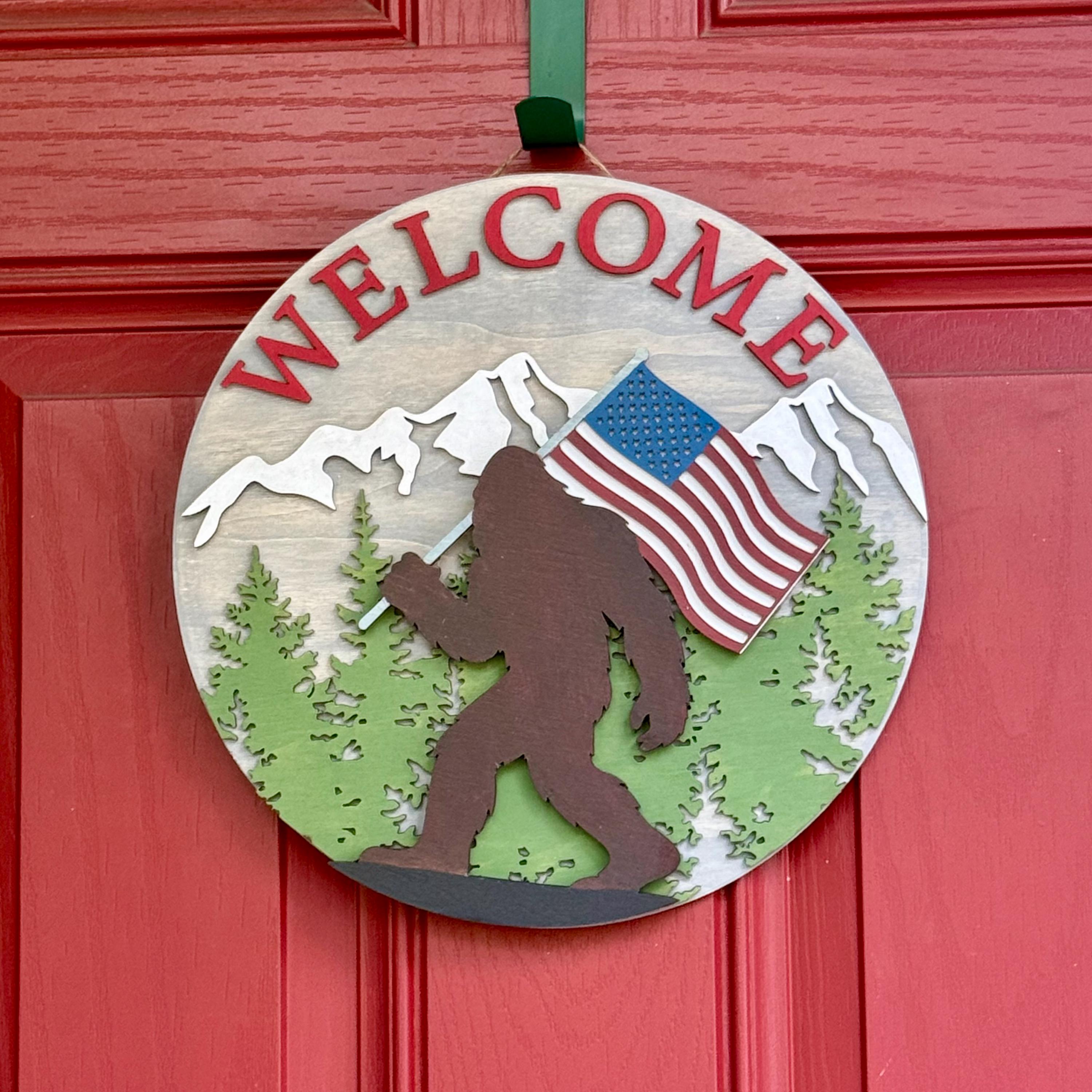 Patriotic Bigfoot Welcome Sign: Hand-painted Birch Wood Cabin Decor - Etsy