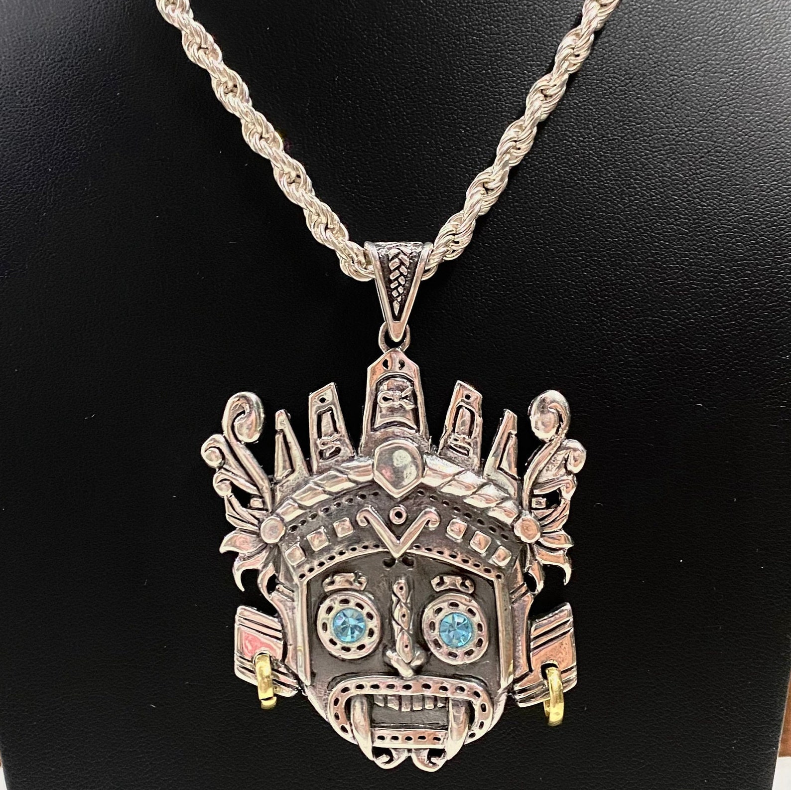 TLALOC & Rope 4.5mm Chain 24 Inch Silver 925 Rain God Aztec Men Women ...