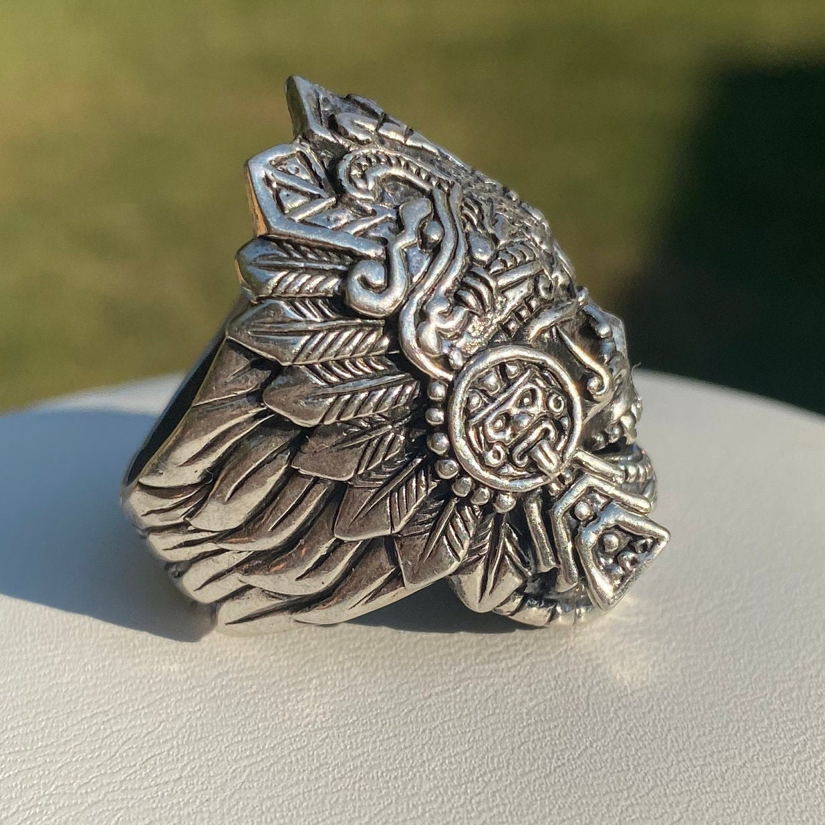 Skull Warrior Sun God Aztec Ring Silver Mex Guerrero Azteca Dios Sol ...