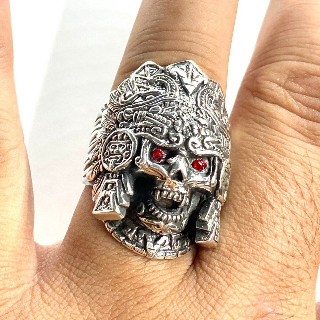 Skull Warrior Sun God Aztec Ring Silver Mex - Guerrero Azteca Dios Sol ...
