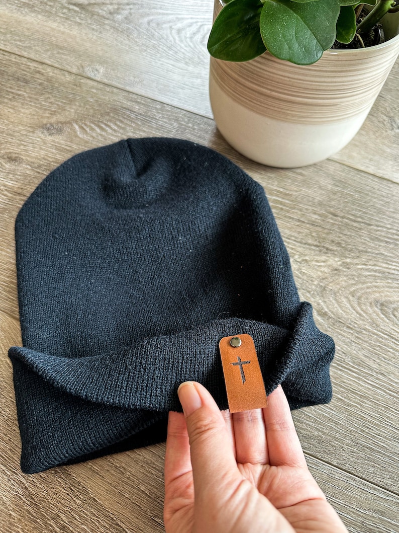 Cross Leather Patch Beanie Cross Hat Gift for Him Gift for Her Cross ...