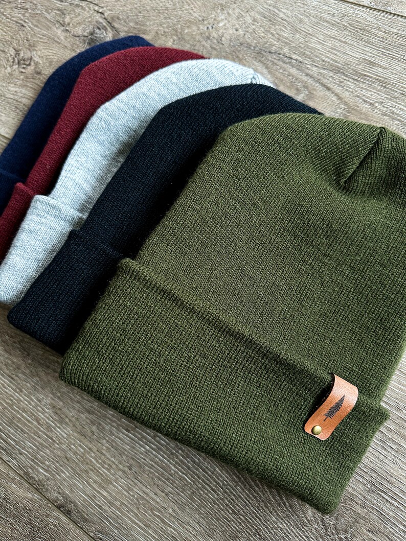Tree Leather Patch Beanie Evergreen Tree Hat Gift for Him Gift for Her ...