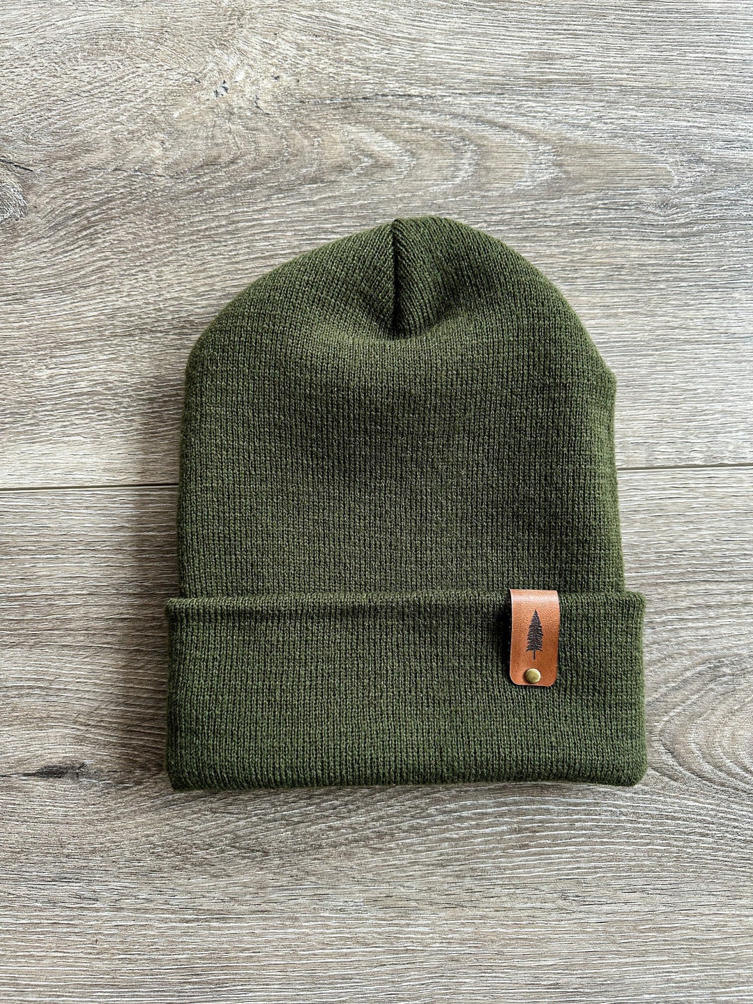 Tree Leather Patch Beanie Evergreen Tree Hat Gift for Him Gift for Her ...
