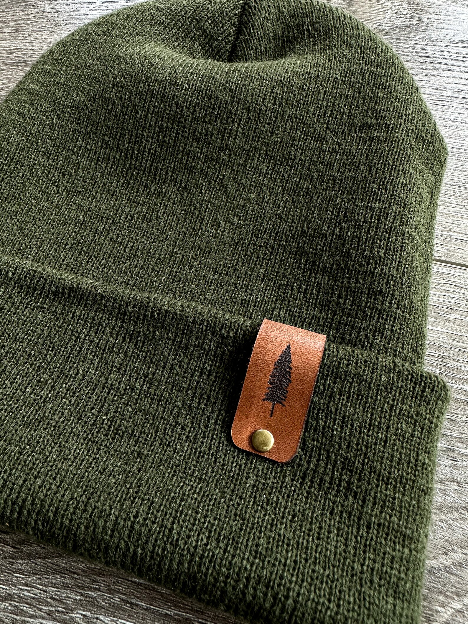 Tree Leather Patch Beanie Evergreen Tree Hat Gift for Him Gift for Her ...