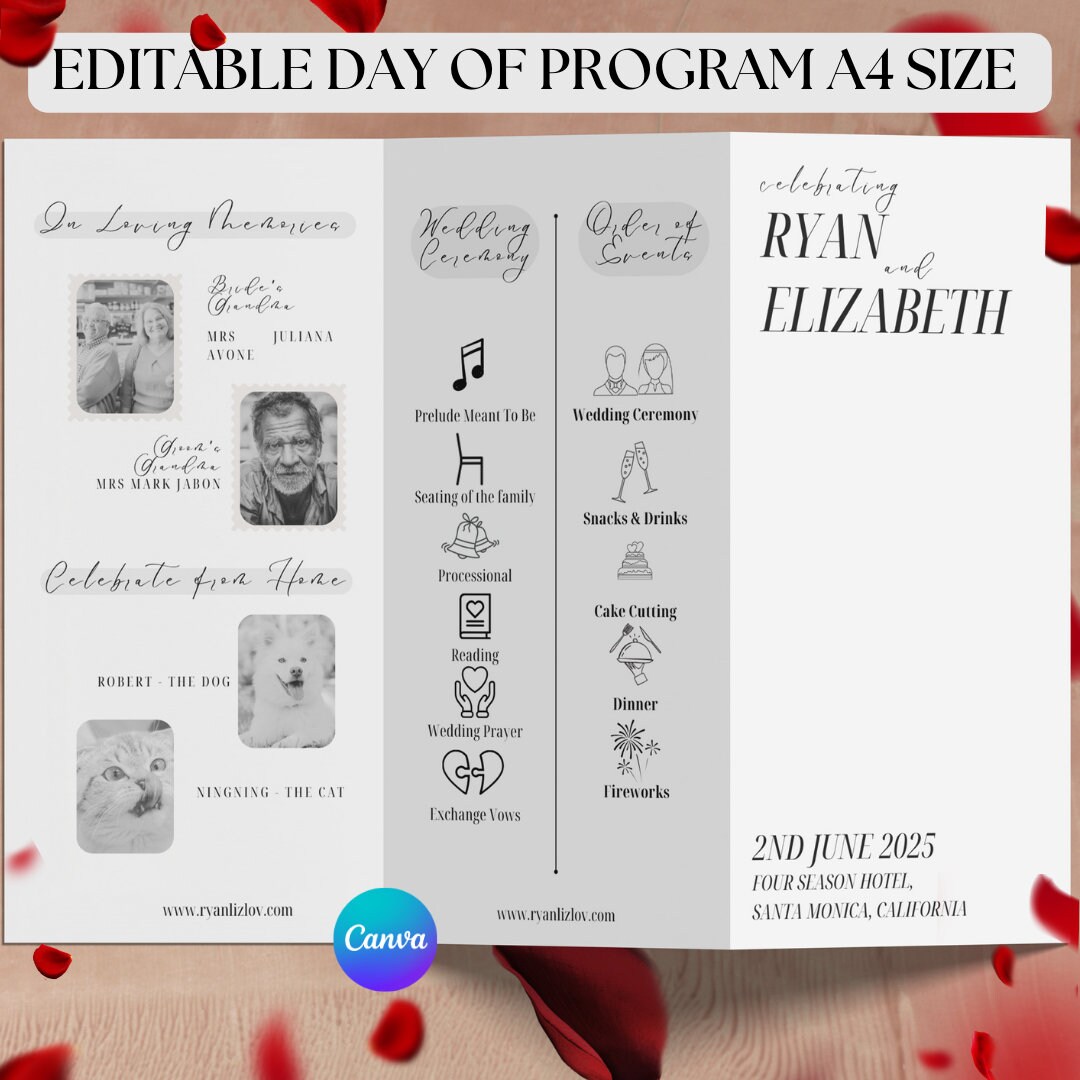 Editable Trifold Wedding Program, Modern Minimalist Wedding Details, A4 ...