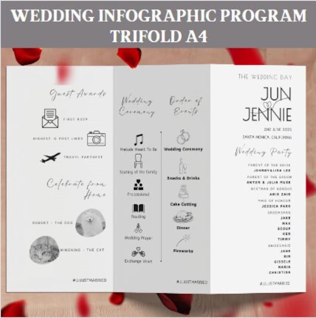 Trifold A4 Wedding Infographic Program Foldable Canva Modifiable Template Modest Elegant ...