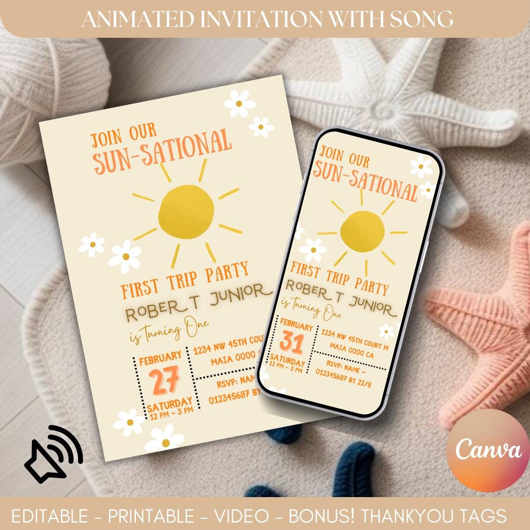 Editable Sun-sational Party Invite, Birthday Girl Invitation Video ...