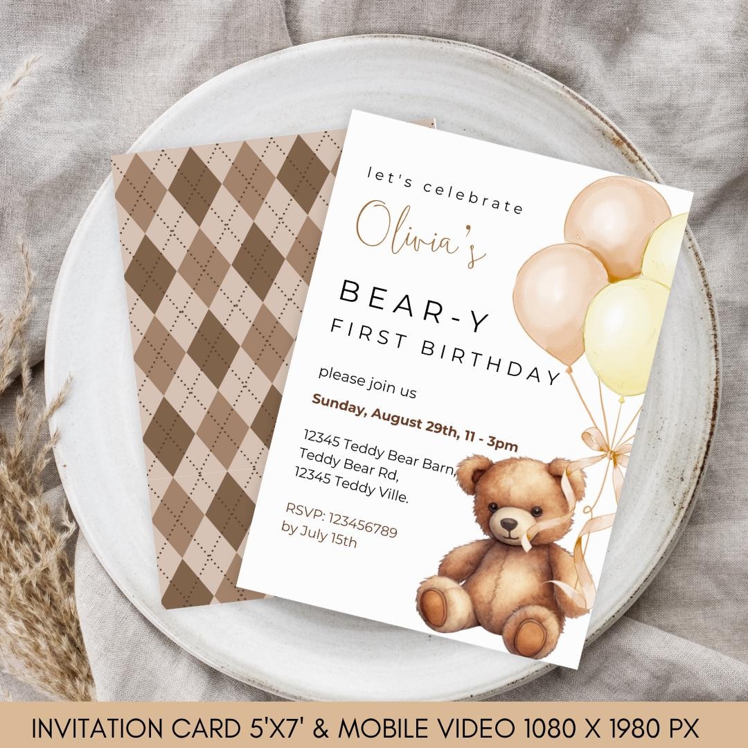 Editable Bear Electronic Invitation for Autumn Neutral 1st Birthday ...