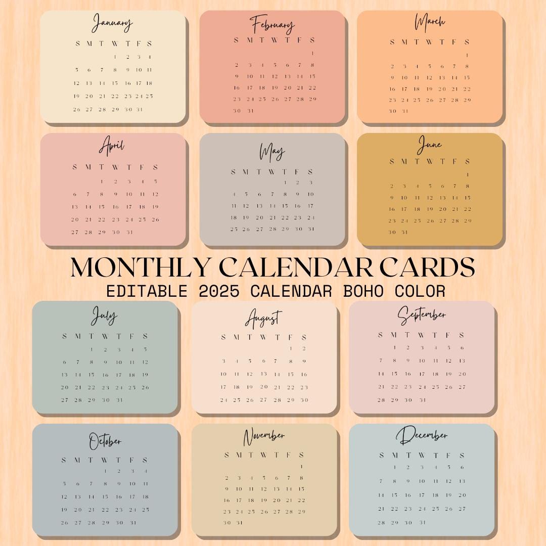 Editable Mini Card Monthly Calendar 2025 Template & Printable for ...