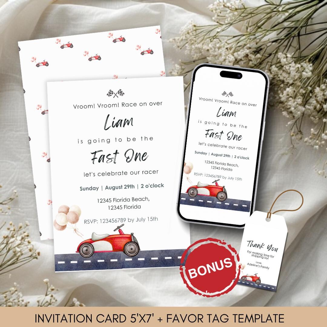 Car Invitation Card Editable Fast One Boy Birthday Invite Red Car Theme ...