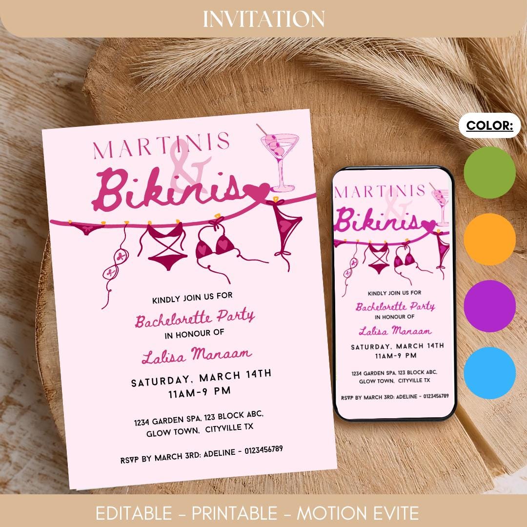 Bikinis Martinis Invitation Bikini Bachelorette Itinerary Beach Summer ...