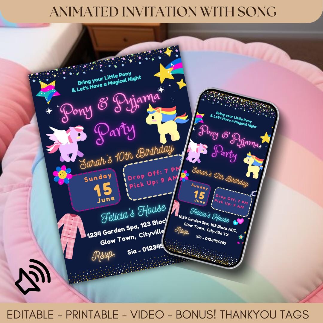 Editable Pony Pajama Video Invitation Her Party Birthday Invite ...